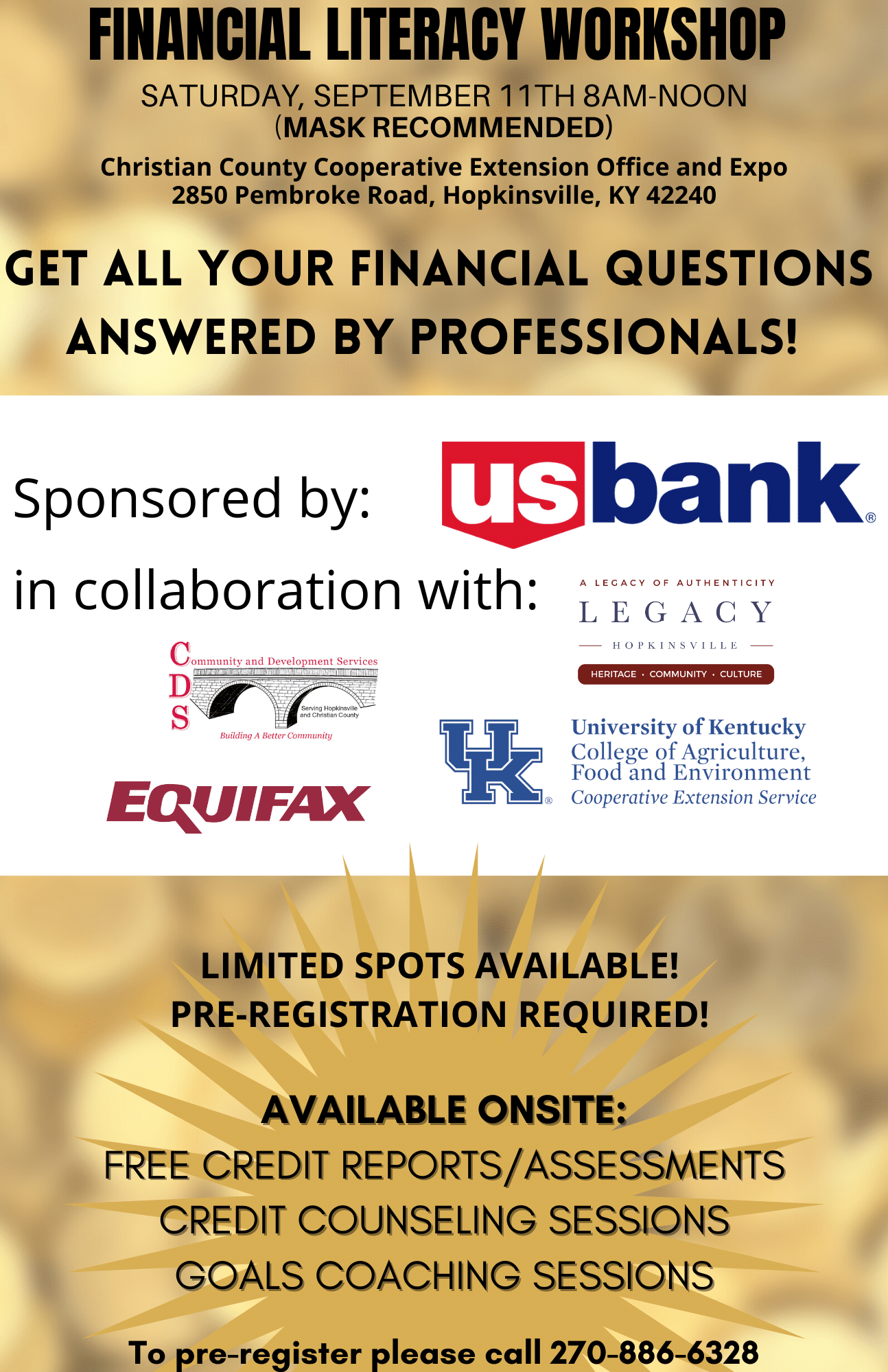 FINANCIAL LITERACY WORKSHOP FRIDAY, SEPTEMBER 10TH 3-7PM & SATURDAY ...